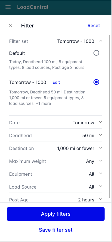 Saved Filter Sets for LoadCentral – TrueNorth